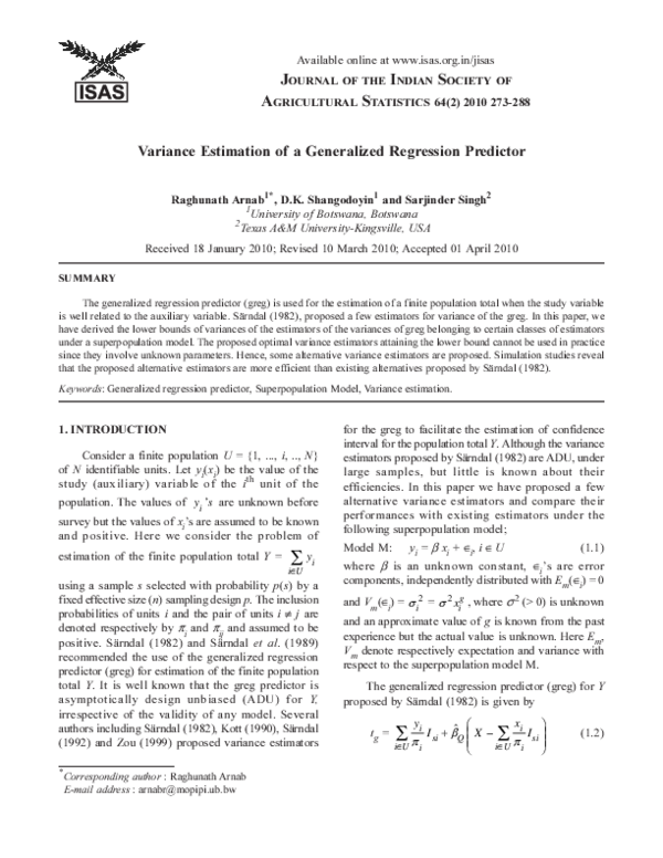 (PDF) Variance Estimation of a Generalized Regression Predictor