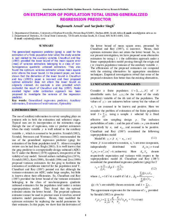 Pdf On Estimation Of Population Total Using Generalized Regression Predictor