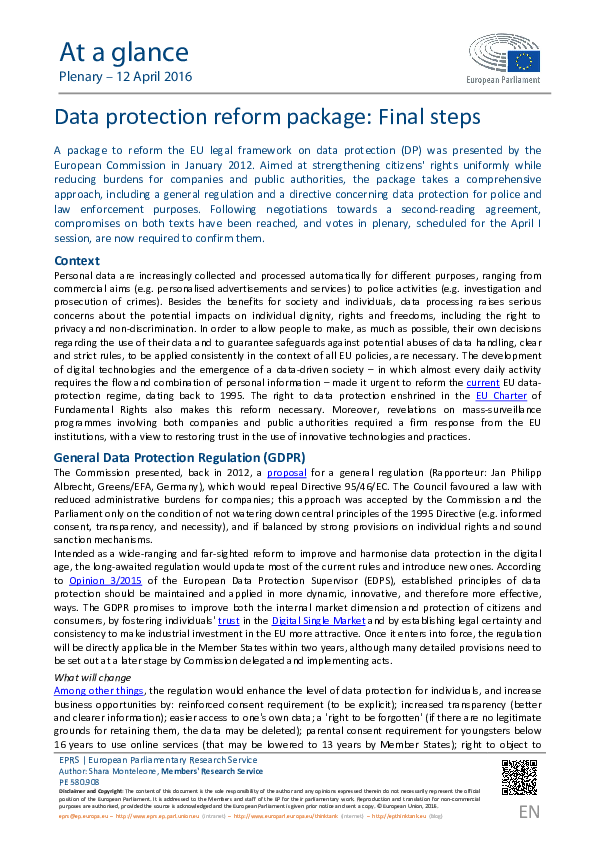 (PDF) Data protection reform package: Final steps - At a glance