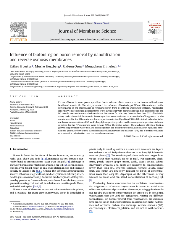 (PDF) Influence of biofouling on boron removal by nanofiltration and reverse osmosis membranes