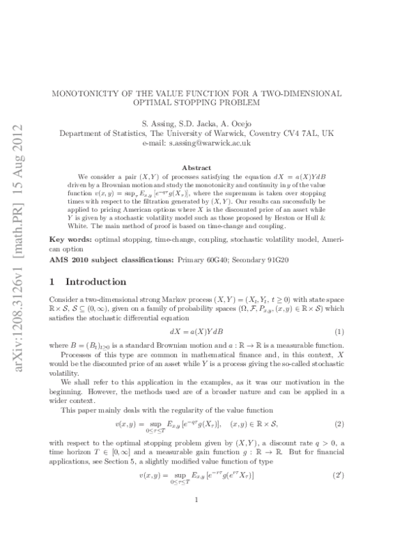 (PDF) Monotonicity of the value function for a two-dimensional optimal stopping problem