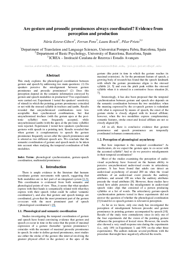 Pdf Are Gesture And Prosodic Prominences Always Coordinated Evidence From Perception And