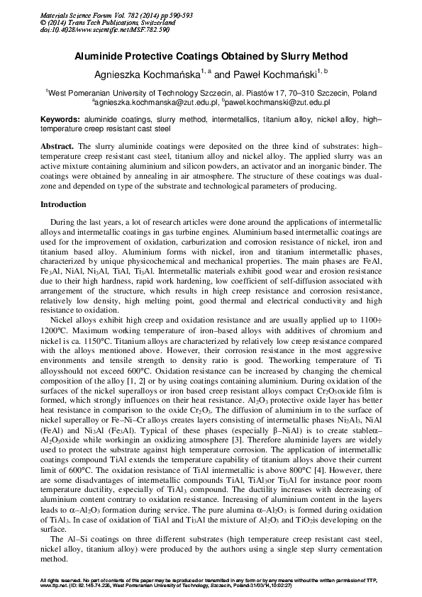 (PDF) Aluminide Protective Coatings Obtained by Slurry Method