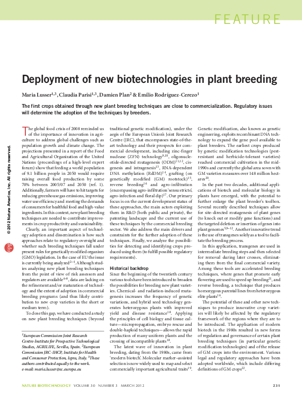(PDF) Deployment of new biotechnologies in plant breeding