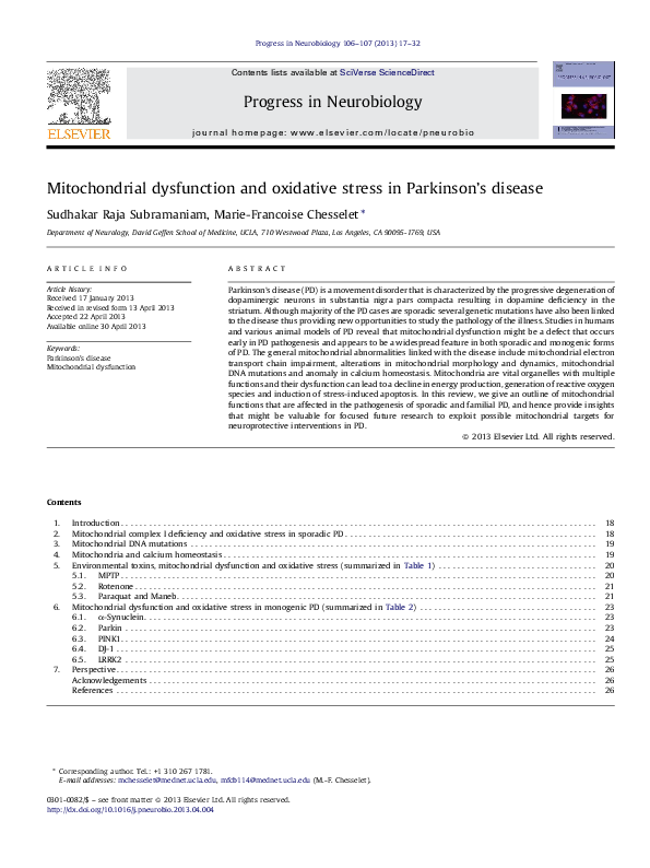 (PDF) Mitochondrial dysfunction and oxidative stress in Parkinson's disease