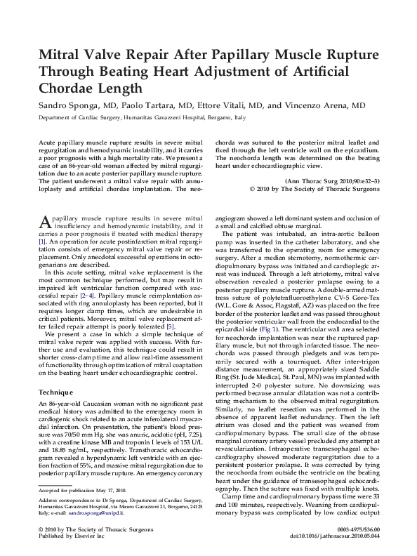 (PDF) Mitral Valve Repair After Papillary Muscle Rupture Through ...