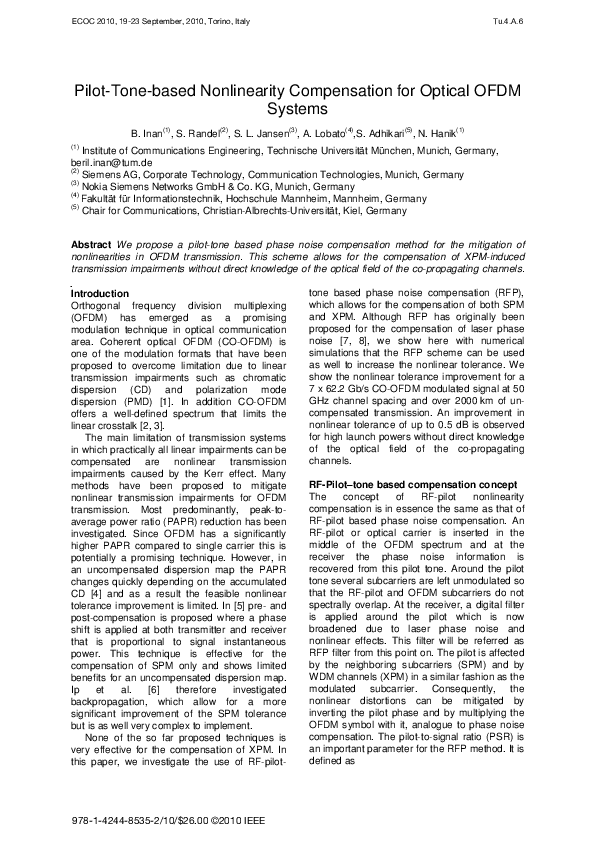 (PDF) Pilot-tone-based nonlinearity compensation for optical OFDM systems