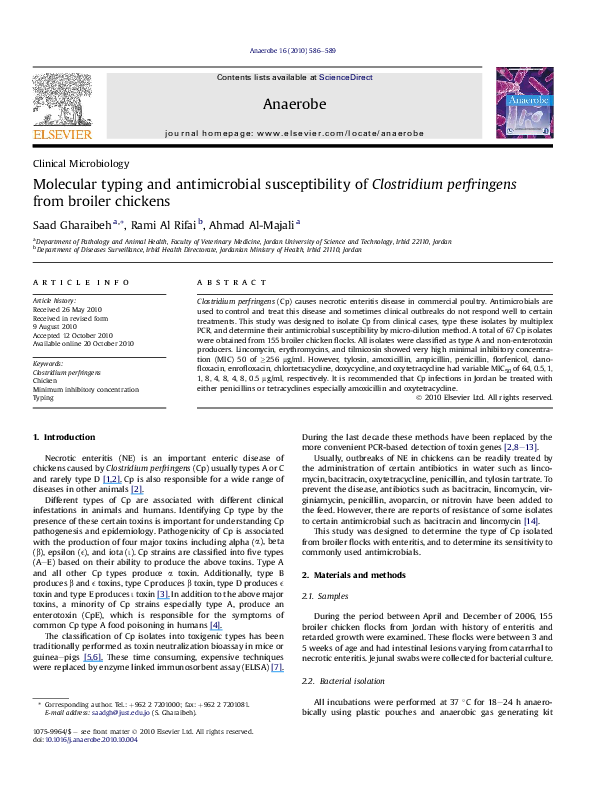 (PDF) Molecular typing and antimicrobial susceptibility of Clostridium perfringens from broiler ...