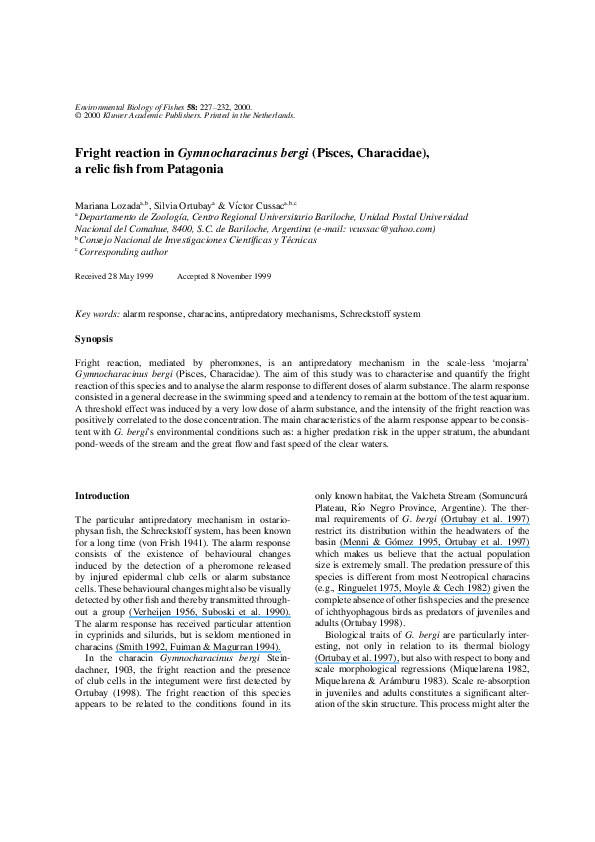 (PDF) Fright reaction in Gymnocharacinus bergi (Pisces, Characidae), a ...