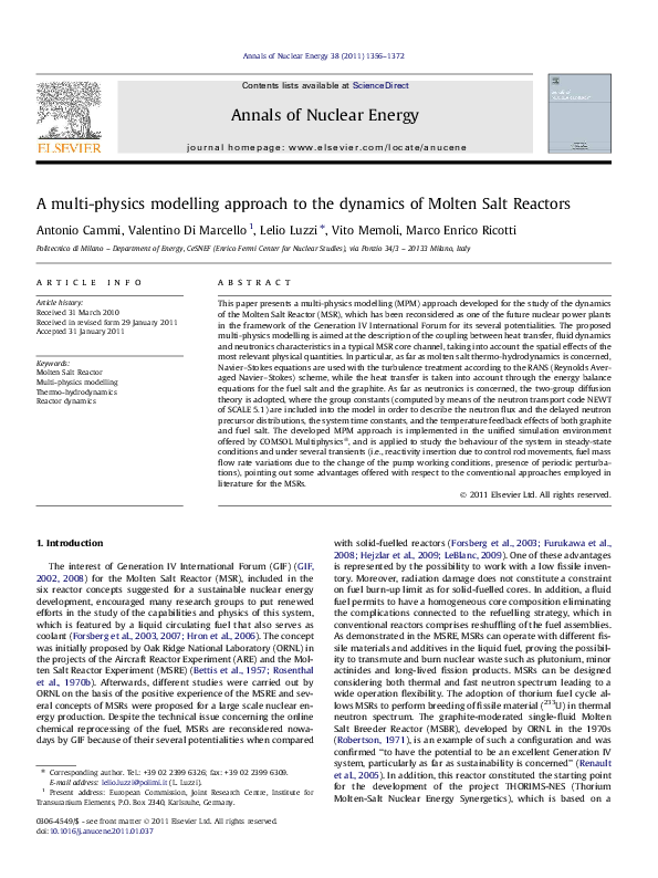 (PDF) A multi-physics modelling approach to the dynamics of Molten Salt Reactors