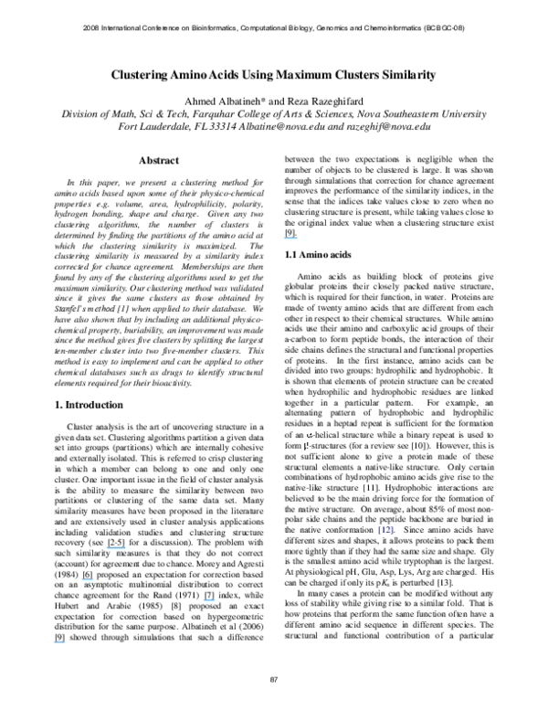 Pdf Clustering Amino Acids Using Maximum Clusters Similarity