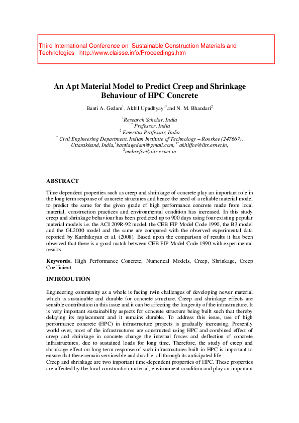 Pdf An Apt Material Model To Predict Creep And Shrinkage Behaviour Of Hpc Concrete