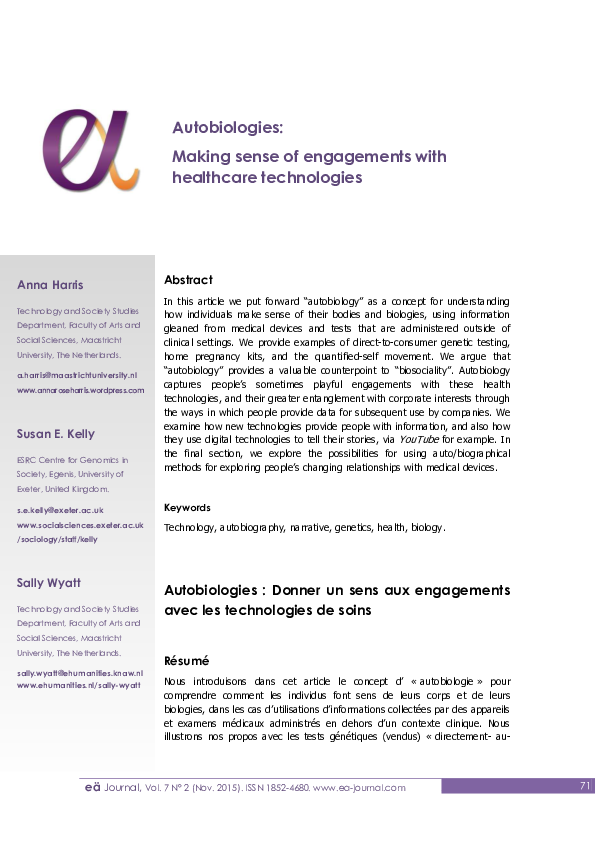 (PDF) Autobiologies: Making sense of engagements with healthcare ...