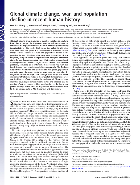 (PDF) Global climate change, war, and population decline in recent ...