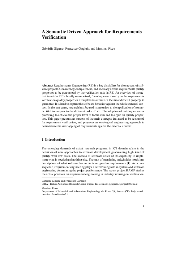 (PDF) A Semantic Driven Approach for Requirements Verification | Gabriella Gigante - Academia.edu