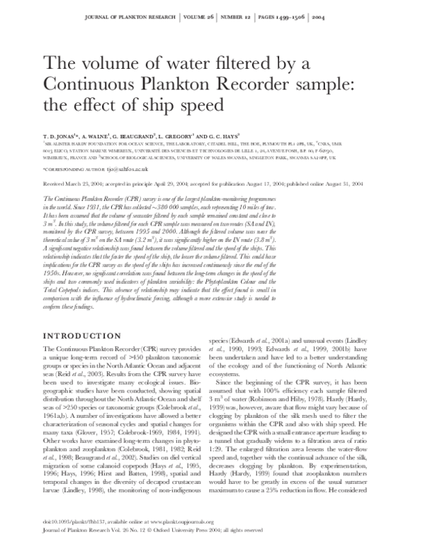 (PDF) The volume of water filtered by a Continuous Plankton Recorder ...