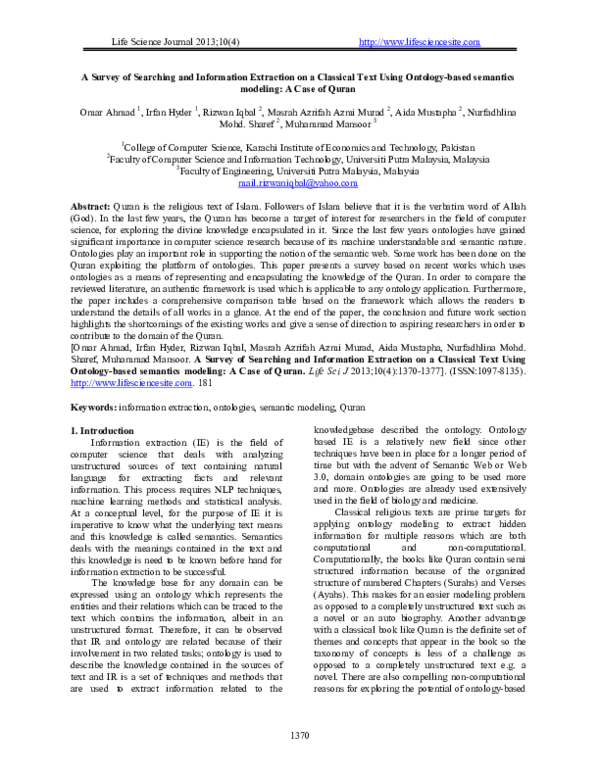 Pdf A Survey Of Searching And Information Extraction On A Classical Text Using Ontology Based