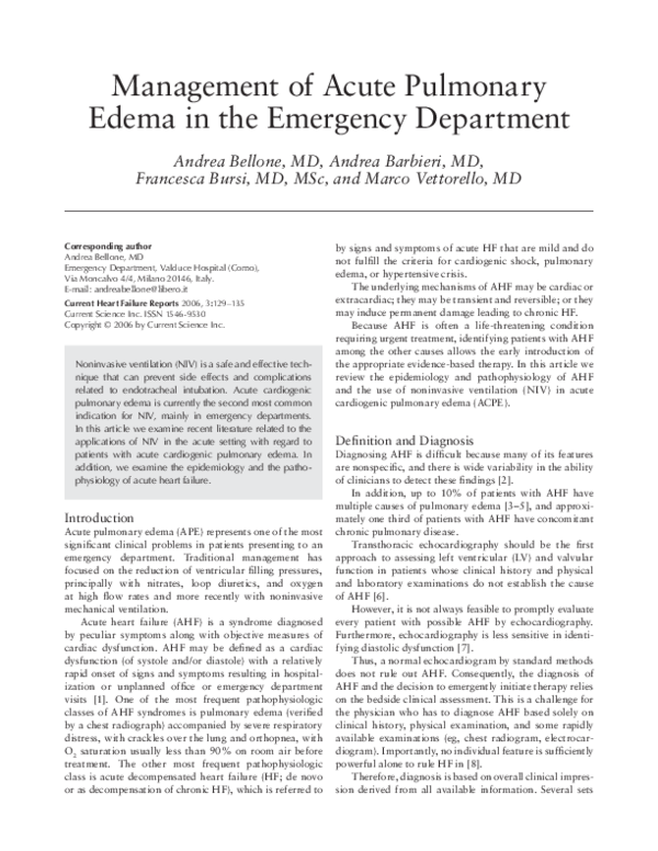 (PDF) Management of acute pulmonary edema in the emergency department