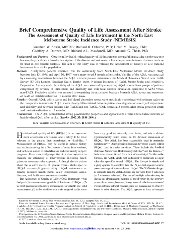(PDF) Brief Comprehensive Quality of Life Assessment After Stroke: The ...