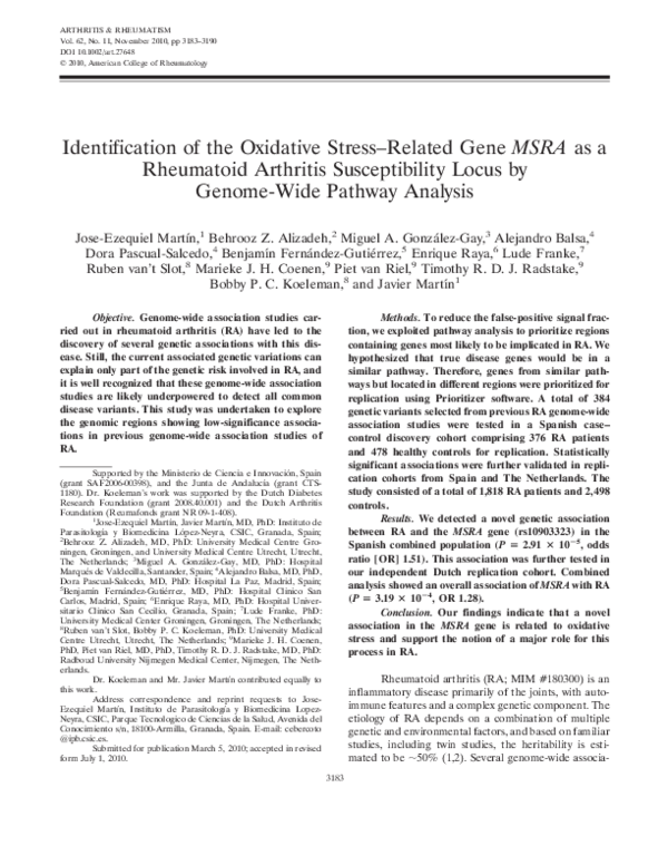 (PDF) Identification of the oxidative stress-related gene MSRA as a ...