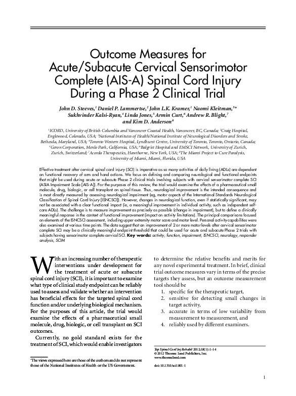 (PDF) Outcome Measures for Acute/Subacute Cervical Sensorimotor ...