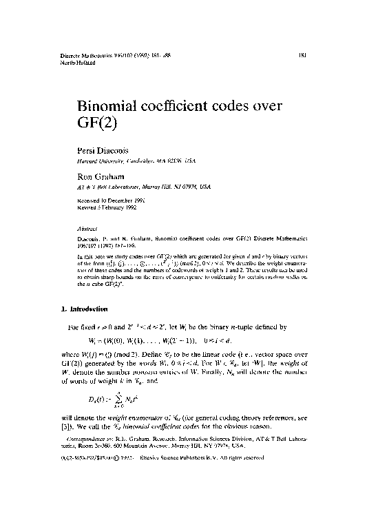 (PDF) Binomial coefficient codes over GF(2)