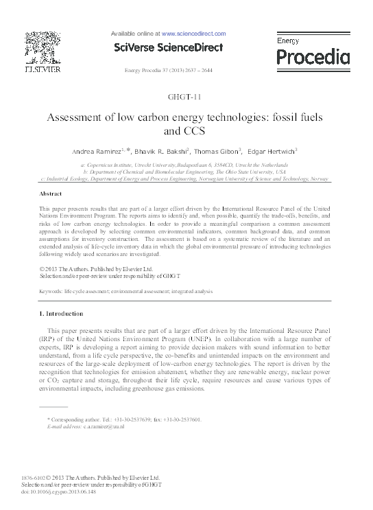(PDF) Assessment of Low Carbon Energy Technologies: Fossil Fuels and CCS