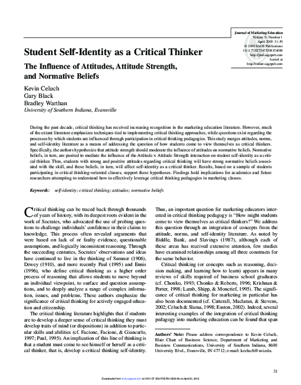 (PDF) Student Self-Identity as a Critical Thinker: The Influence of ...