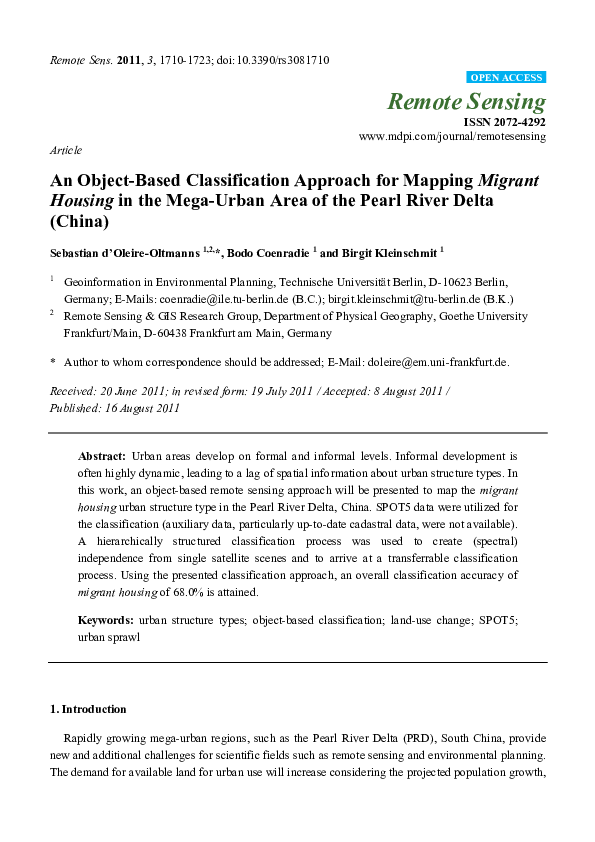 (PDF) An object-based classification approach for mapping migrant housing in the mega-urban area ...