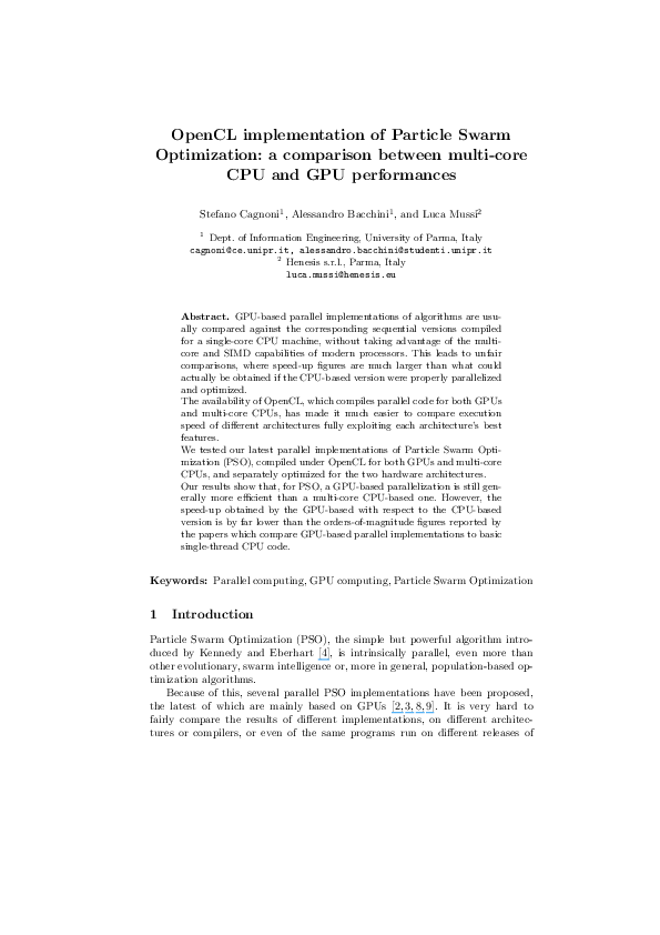 Pdf Opencl Implementation Of Particle Swarm Optimization A Comparison Between Multi Core Cpu