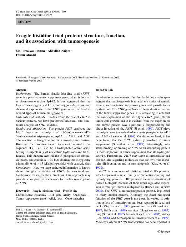 (PDF) Fragile histidine triad protein: structure, function, and its association with tumorogenesis