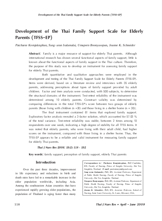 Development of the Thai Family Support Scale for Elderly Parents (TFSS-EP)