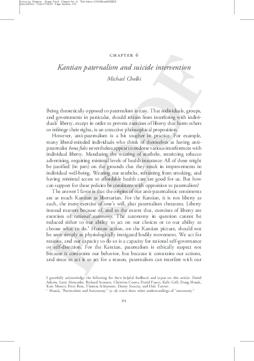 (PDF) Kantian paternalism and suicide intervention