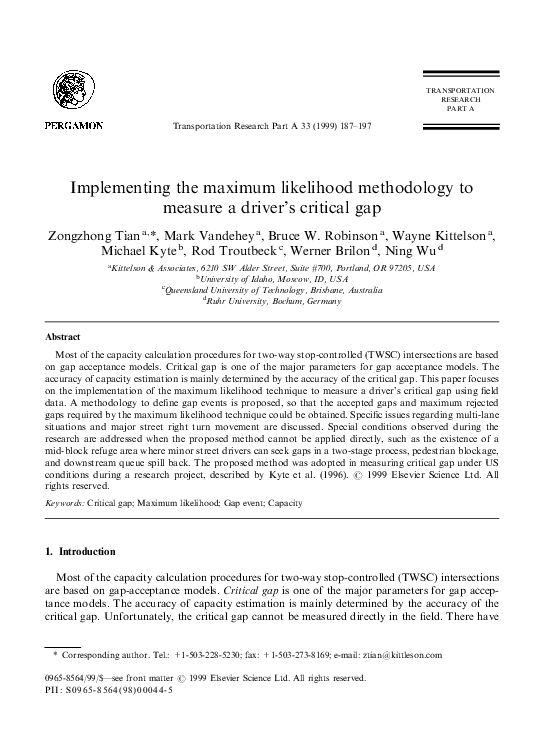 (PDF) Implementing the maximum likelihood methodology to measure a driver’s critical gap