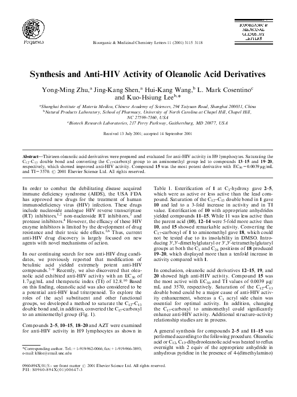 (PDF) ChemInform Abstract: Synthesis and Anti-HIV Activity of Oleanolic ...