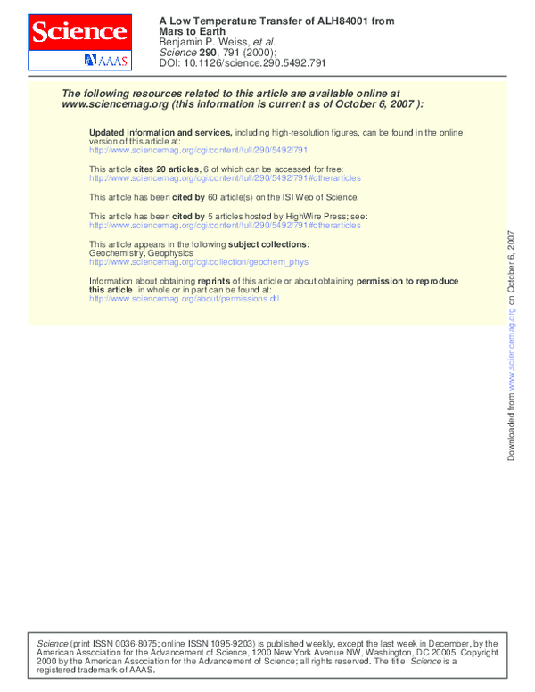 (PDF) A Low Temperature Transfer of ALH84001 from Mars to Earth