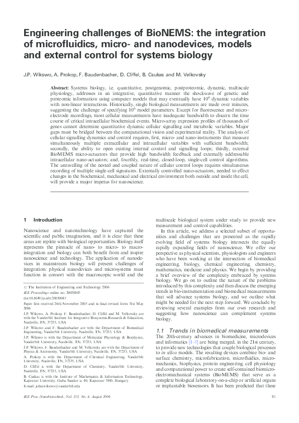 (PDF) Engineering challenges of BioNEMS: the integration of microfluidics, micro- and ...