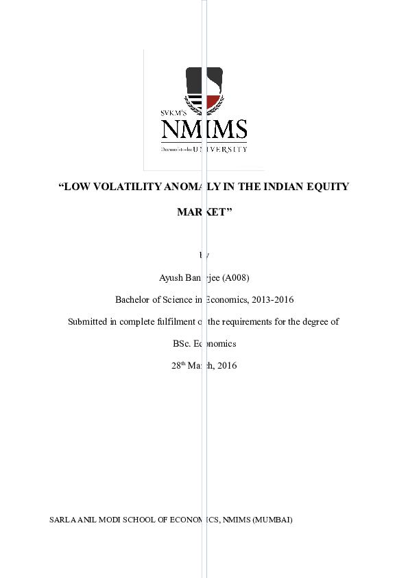 (DOC) " LOW VOLATILITY ANOMALY IN THE INDIAN EQUITY MARKET