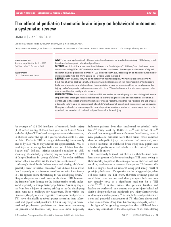 (PDF) The effect of pediatric traumatic brain injury on behavioral ...