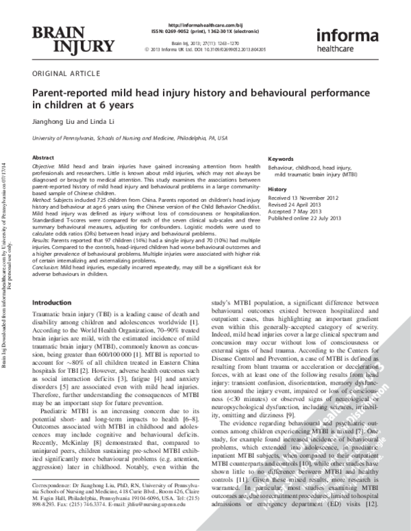 (PDF) Parent-reported mild head injury history and behavioural ...