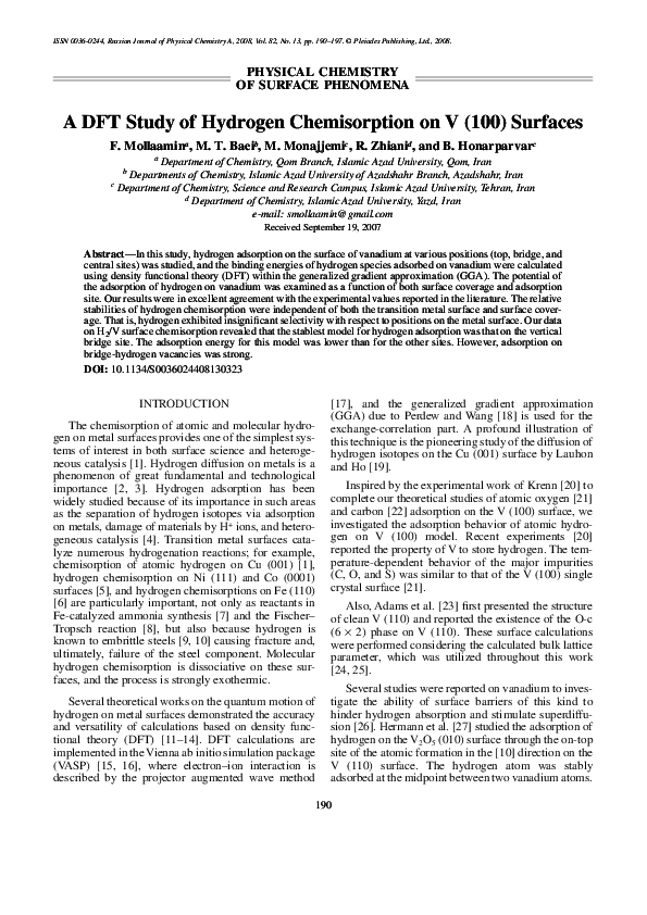(PDF) A DFT study of hydrogen chemisorption on V (100) surfaces