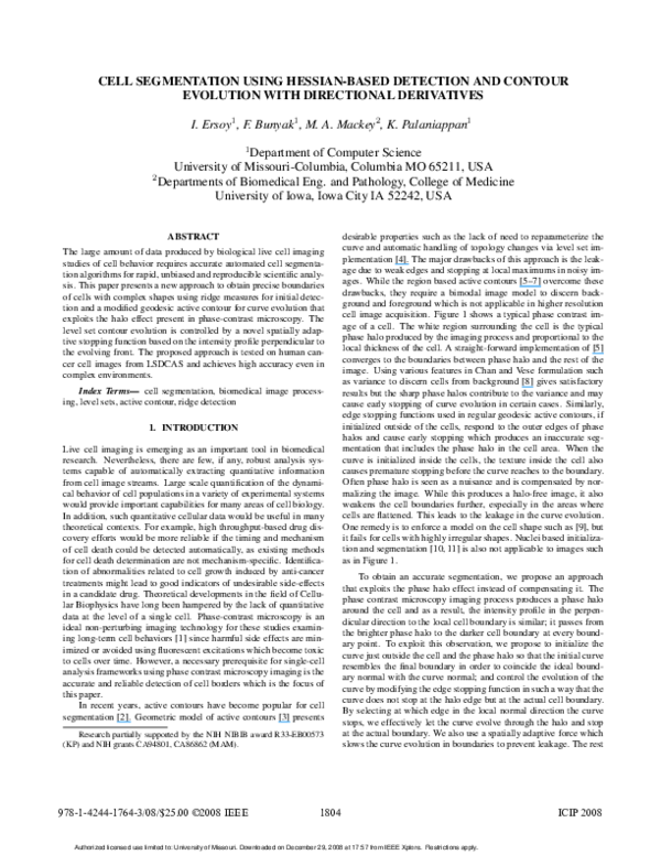 Pdf Cell Segmentation Using Hessian Based Detection And Contour