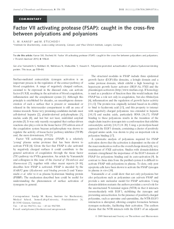 (PDF) Factor VII activating protease (FSAP): caught in the cross-fire ...