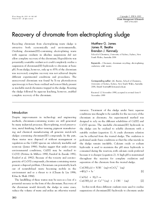 (PDF) Recovery of chromate from electroplating sludge
