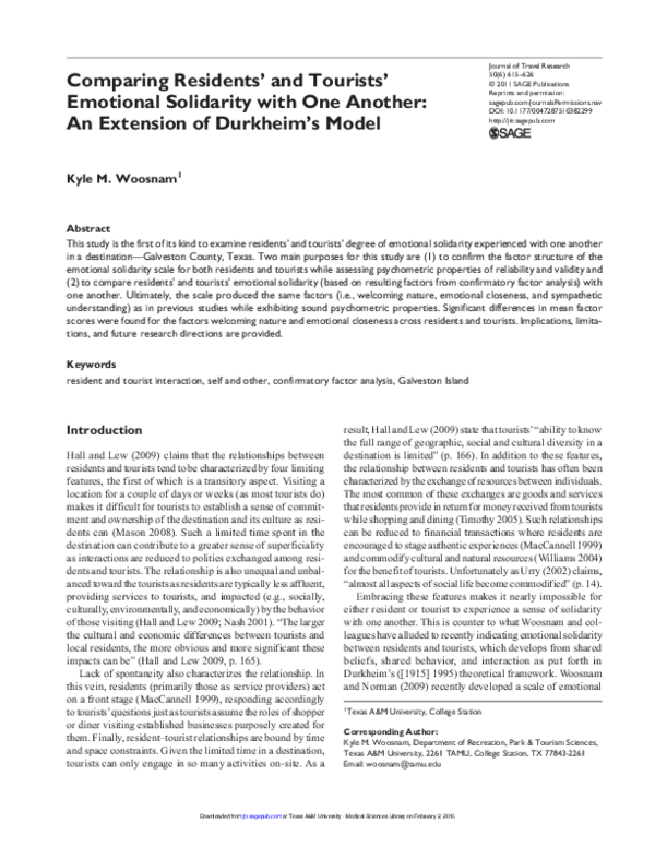 (PDF) Comparing Residents' and Tourists' Emotional Solidarity with One ...
