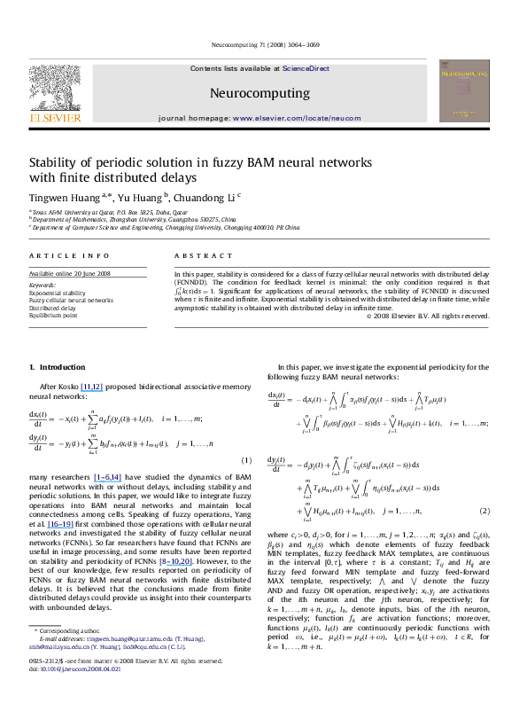 (PDF) Stability of periodic solution in fuzzy BAM neural networks with finite distributed delays