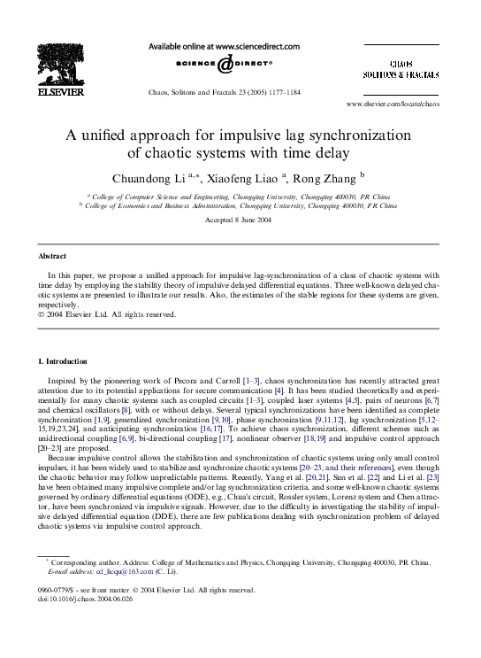 Pdf A Unified Approach For Impulsive Lag Synchronization Of Chaotic Systems With Time Delay