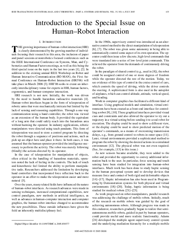 (PDF) Introduction to the special issue on human–robot interaction