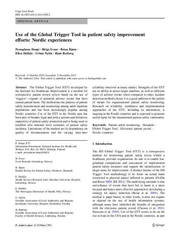 Pdf Use Of The Global Trigger Tool In Patient Safety Improvement
