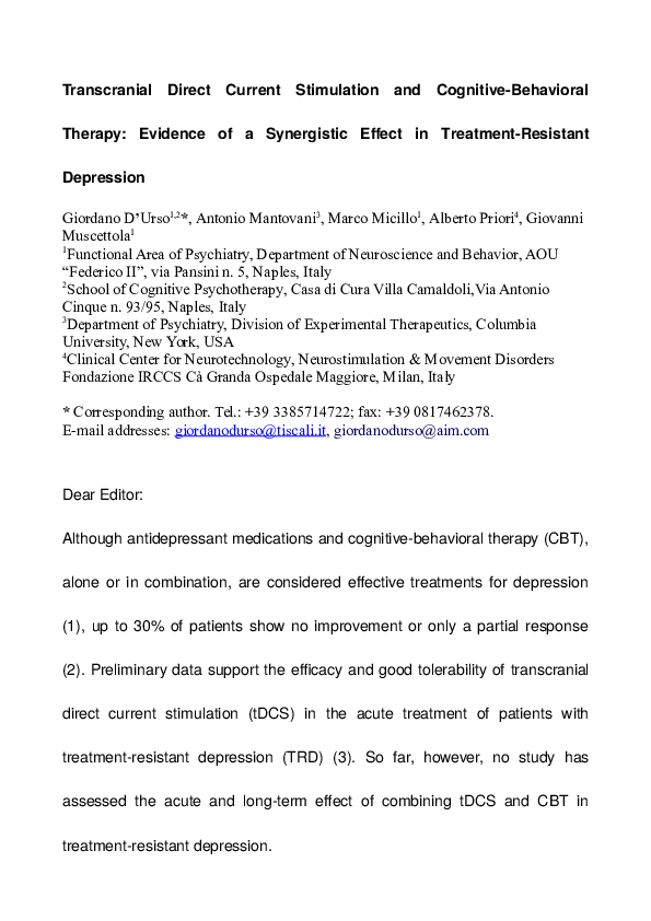 (DOC) Transcranial Direct Current Stimulation and Cognitive-Behavioral Therapy: Evidence of a ...